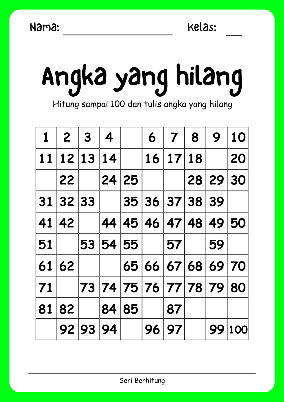 Worksheet Angka 1–100 Latihan Mengisi Angka yang Hilang - Lembar ...